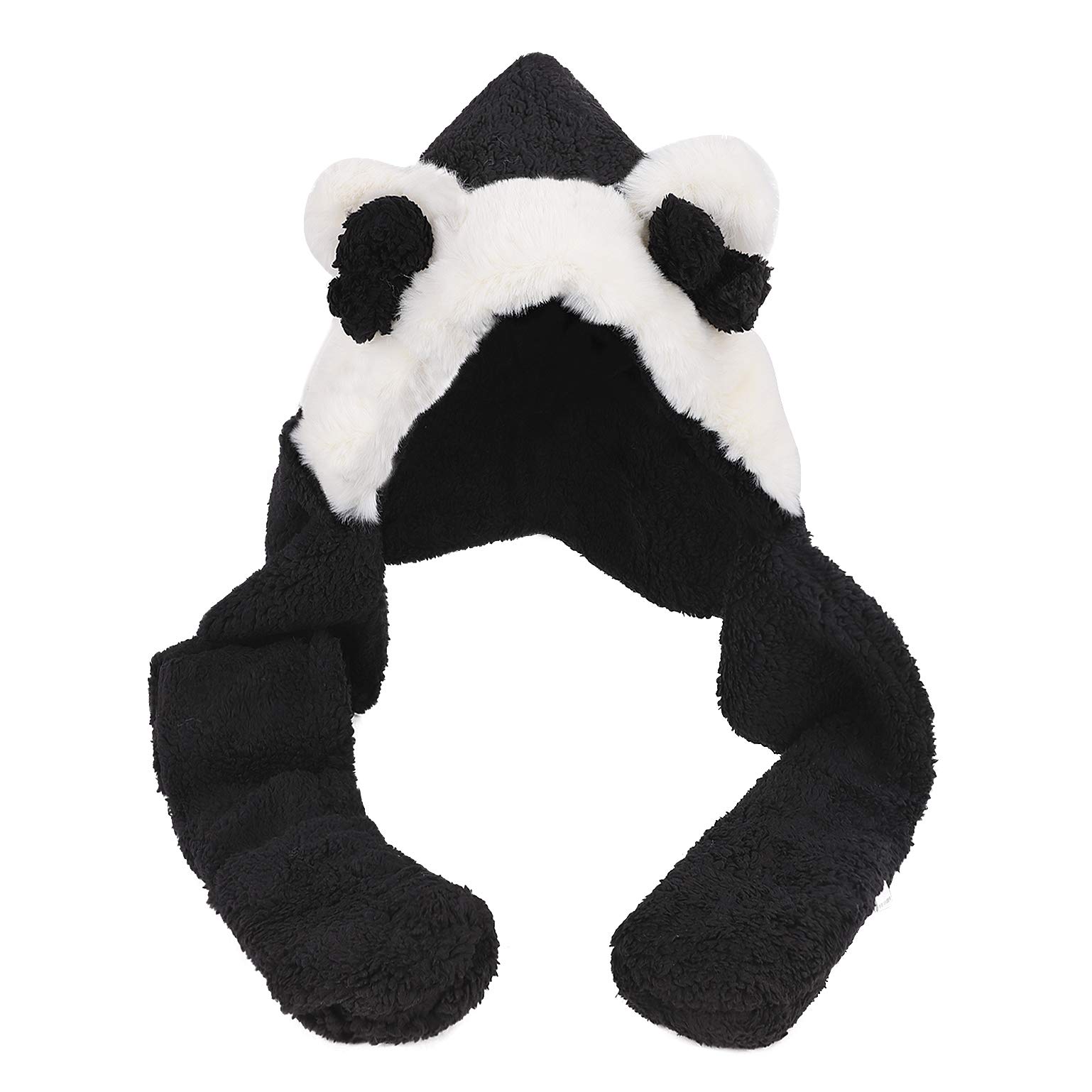 Kids Toddler Cartoon Fleece Hat Gloves Scarf 3 in 1 Set Girls Boys Winter Cute Warm Long Hoodie Earflap Hat A-Black