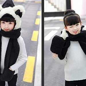 Kids Toddler Cartoon Fleece Hat Gloves Scarf 3 in 1 Set Girls Boys Winter Cute Warm Long Hoodie Earflap Hat A-Black