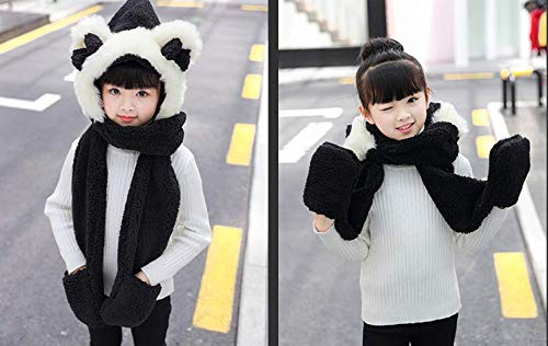 Kids Toddler Cartoon Fleece Hat Gloves Scarf 3 in 1 Set Girls Boys Winter Cute Warm Long Hoodie Earflap Hat A-Black