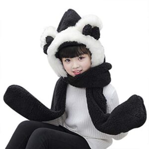 Kids Toddler Cartoon Fleece Hat Gloves Scarf 3 in 1 Set Girls Boys Winter Cute Warm Long Hoodie Earflap Hat A-Black