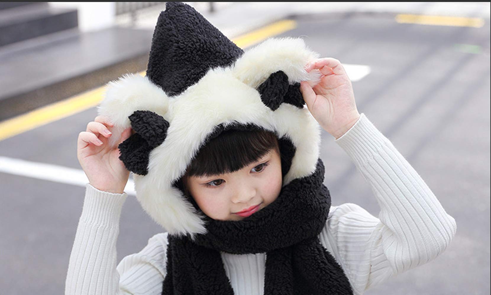 Kids Toddler Cartoon Fleece Hat Gloves Scarf 3 in 1 Set Girls Boys Winter Cute Warm Long Hoodie Earflap Hat A-Black