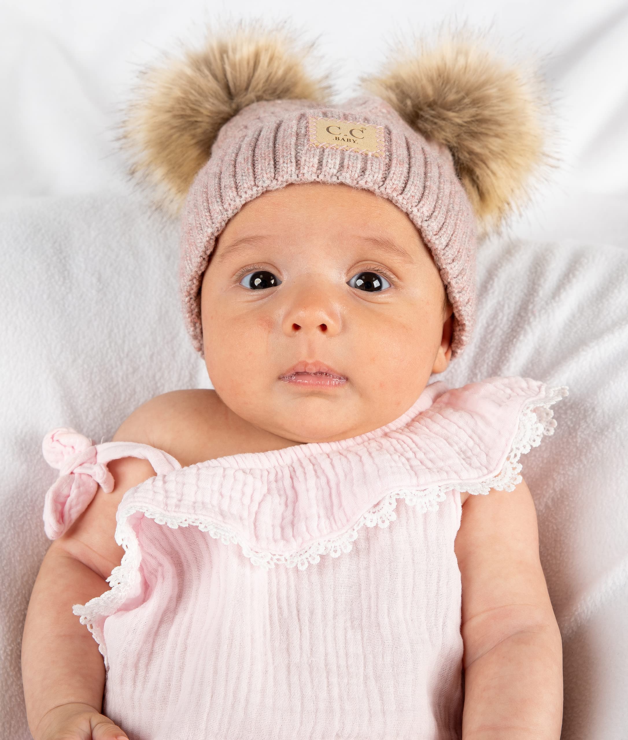 Funky Junque Baby/Infant Double Pom Beanie: Diagonal Basketweave Pattern - Rose