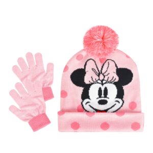 disney minnie mouse beanie hat and gloves set, kids polka dot cuffed winter knit cap with pom and mittens, pink, one size