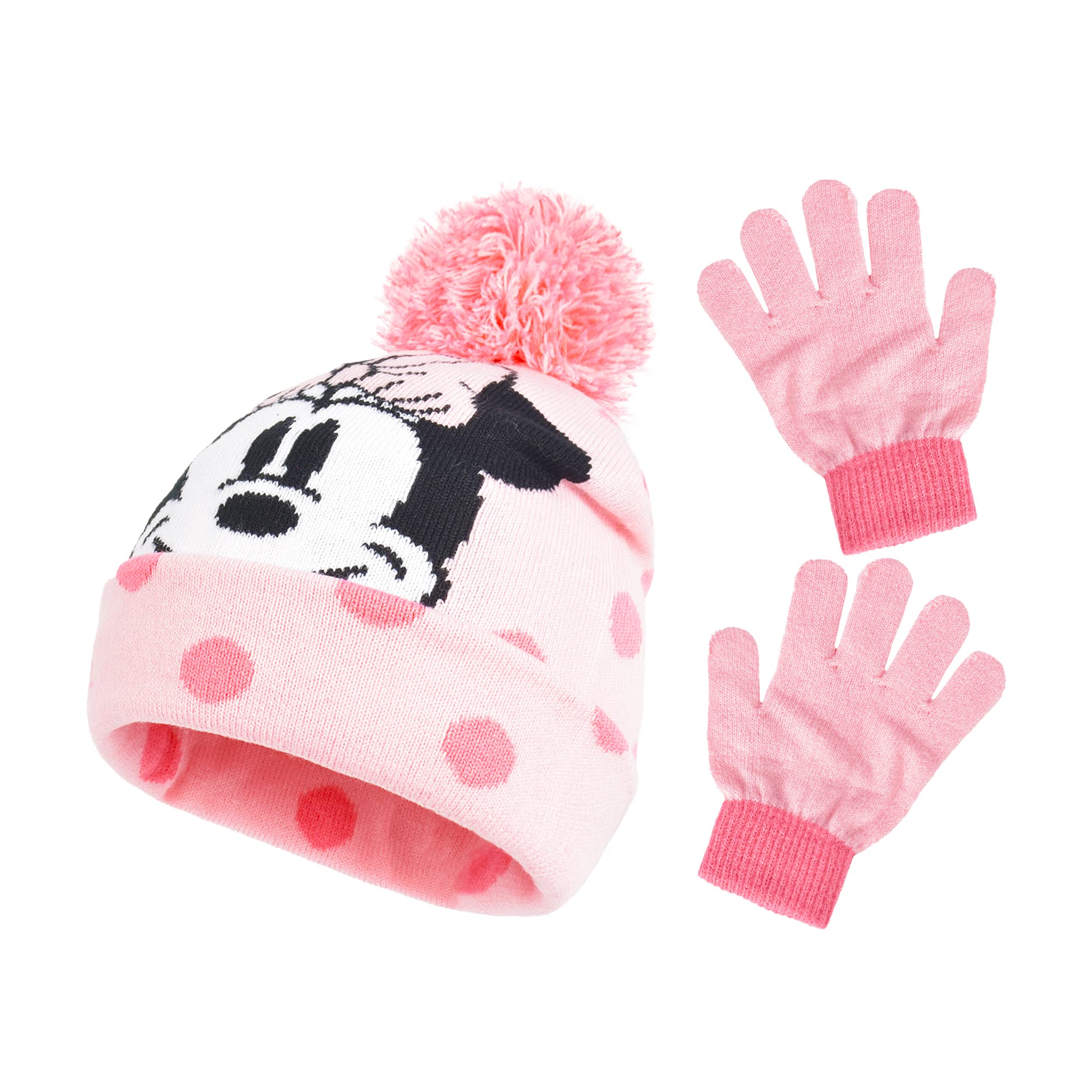 Disney Minnie Mouse Beanie Hat and Gloves Set, Kids Polka Dot Cuffed Winter Knit Cap with Pom and Mittens, Pink, One Size