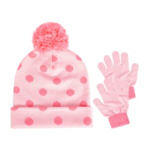 Disney Minnie Mouse Beanie Hat and Gloves Set, Kids Polka Dot Cuffed Winter Knit Cap with Pom and Mittens, Pink, One Size