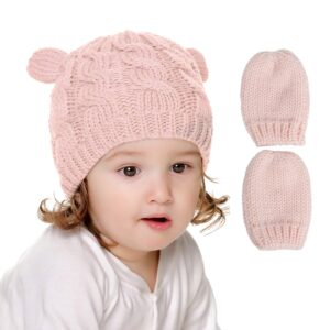 baby hat and mitten set knit baby winter hat mittens for newborn girl infant beanies for boys kids gloves pink 6-12 months