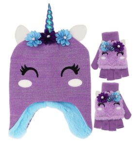 little girls winter unicorn beanie hat and gloves set kids knitted earflap cap flip top mitten set