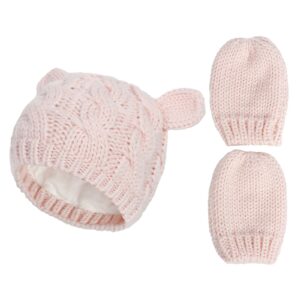 Baby Hat and Mitten Set Knit Baby Winter Hat Mittens for Newborn Girl Infant Beanies for Boys Kids Gloves Pink 6-12 Months