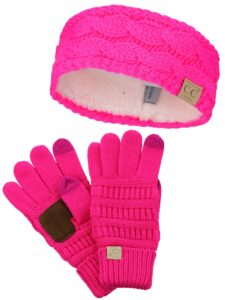 c.c children's kids' cable knit ear warmer headband and touchscreen gloves set, neon hot pink