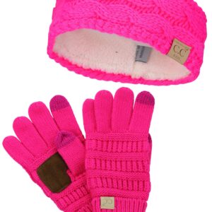 C.C Children's Kids' Cable Knit Ear Warmer Headband and Touchscreen Gloves Set, Neon Hot Pink