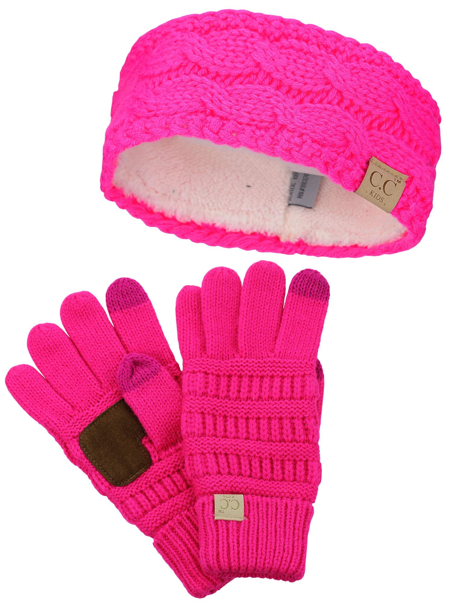 C.C Children's Kids' Cable Knit Ear Warmer Headband and Touchscreen Gloves Set, Neon Hot Pink