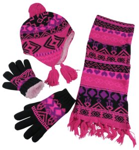 n'ice caps big girls sherpa lined geo print hat/scarf/glove knitted set (8-12 years, fuchsia/black/neon pink)