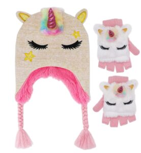 kids girls cute glitter unicorn beanie winter hat and glove set knitted earflap cap flip top mitten set beige