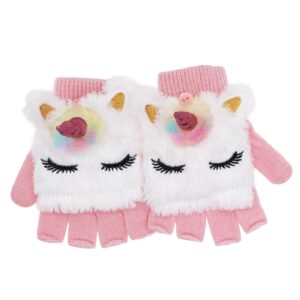 Kids Girls Cute Glitter Unicorn Beanie Winter Hat and Glove Set Knitted Earflap Cap Flip Top Mitten Set Beige