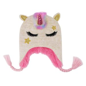 Kids Girls Cute Glitter Unicorn Beanie Winter Hat and Glove Set Knitted Earflap Cap Flip Top Mitten Set Beige