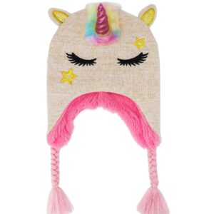 Kids Girls Cute Glitter Unicorn Beanie Winter Hat and Glove Set Knitted Earflap Cap Flip Top Mitten Set Beige