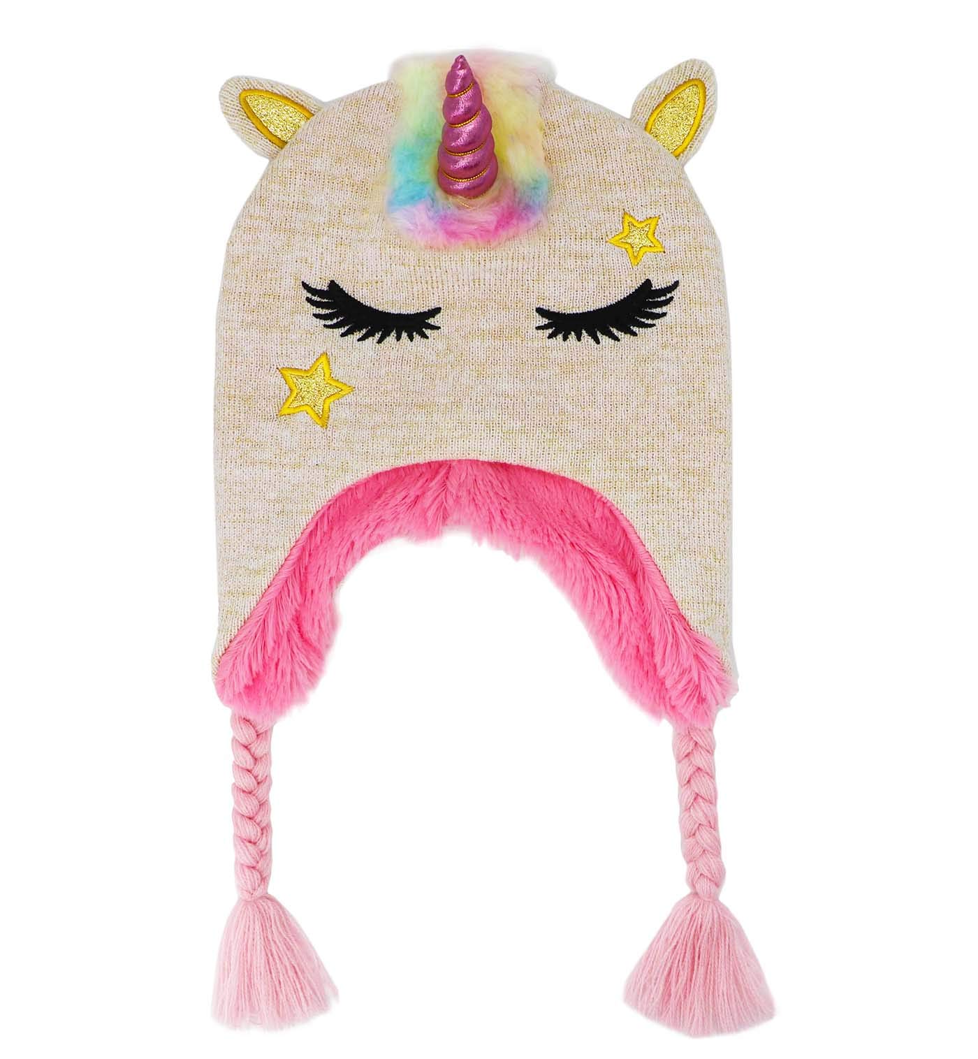 Kids Girls Cute Glitter Unicorn Beanie Winter Hat and Glove Set Knitted Earflap Cap Flip Top Mitten Set Beige