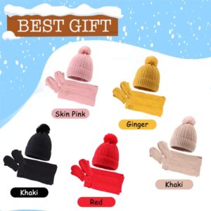 Kids Winter Hat Scarf Mittens Set Toddler Knitted Beanie Girls Fleece Children Neck Warmer Boys Warm Gloves 2-7 Years (Red)