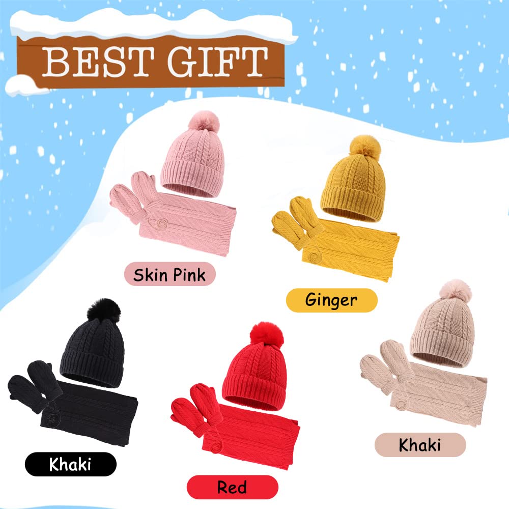 Kids Winter Hat Scarf Mittens Set Toddler Knitted Beanie Girls Fleece Children Neck Warmer Boys Warm Gloves 2-7 Years (Red)