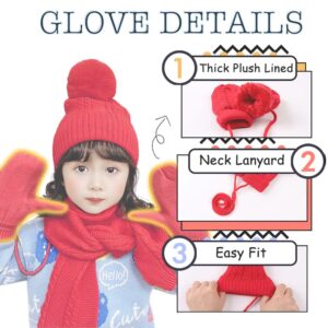 Kids Winter Hat Scarf Mittens Set Toddler Knitted Beanie Girls Fleece Children Neck Warmer Boys Warm Gloves 2-7 Years (Red)