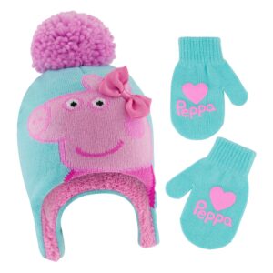 hasbro girls winter accessory hat and mittens set, peppa pig beanie for toddler ages 2-4, blue/pink