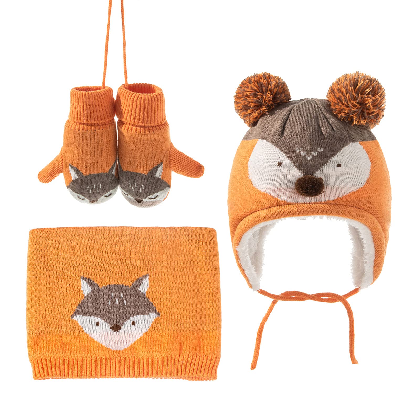 LUCKYBUNNY Toddler Cute Fox Winter Hat Scarf Gloves Set, Warm Fleece Lined Earflap Beanie Neck Warmer Mittens for Boy Girl