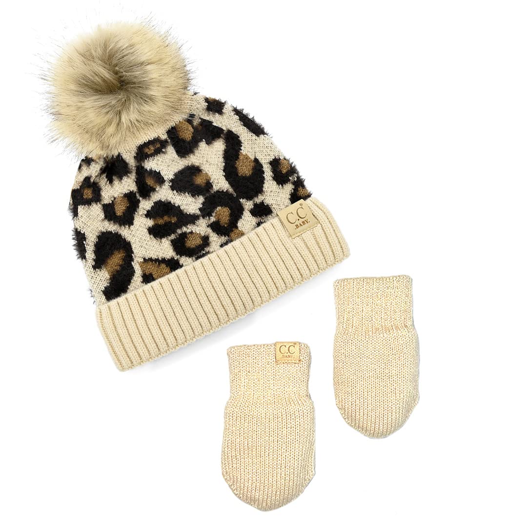 Funky Junque Infant Pom Beanie and Mittens Set - Leopard Beige