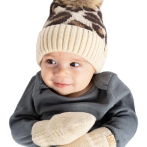 Funky Junque Infant Pom Beanie and Mittens Set - Leopard Beige