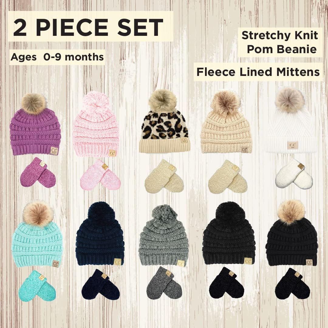 Funky Junque Infant Pom Beanie and Mittens Set - Leopard Beige