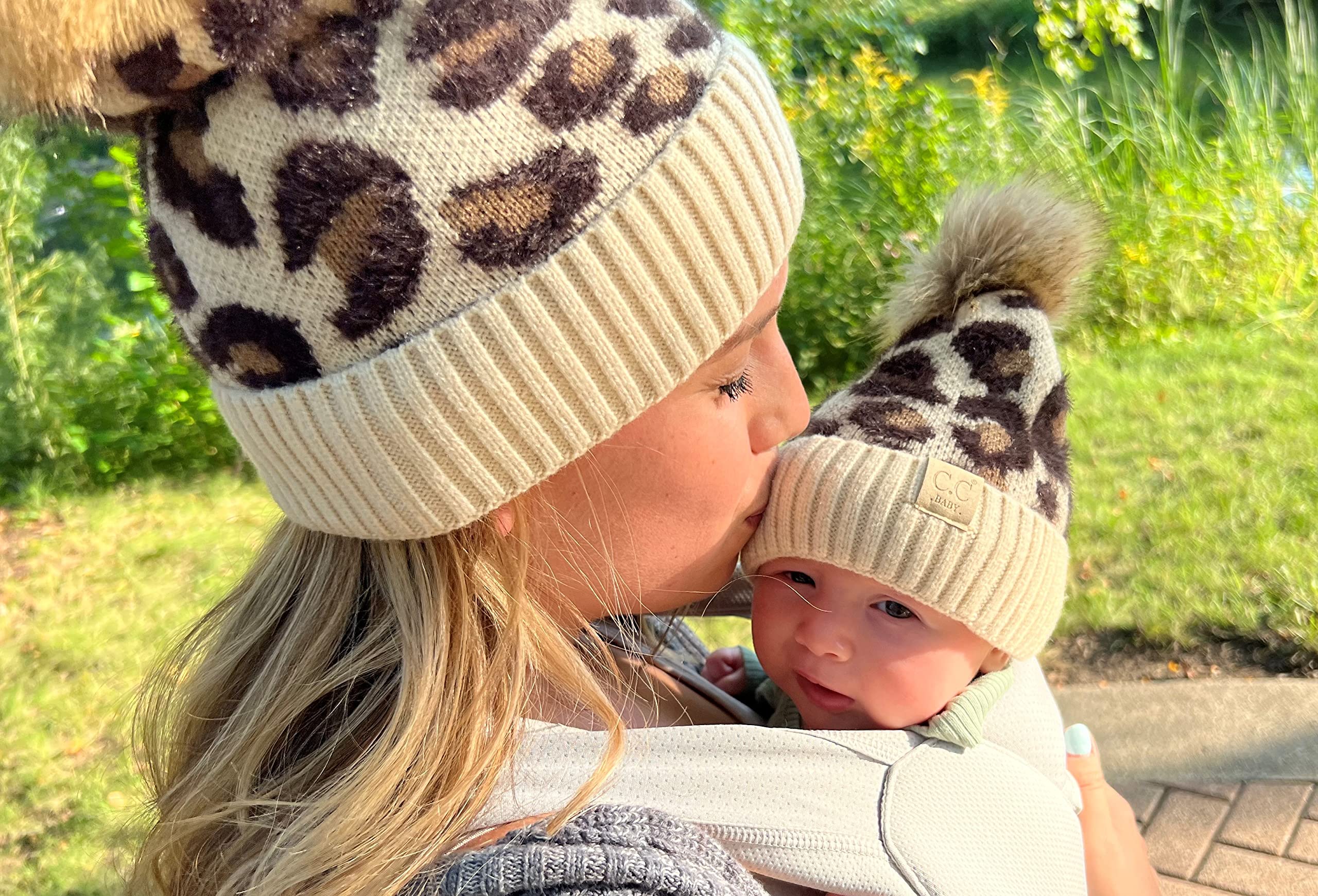 Funky Junque Infant Pom Beanie and Mittens Set - Leopard Beige