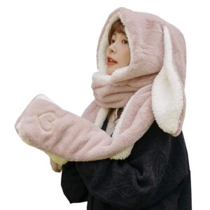 ruixia women girls lovely cartoon bunny ears hat scarf gloves 3-in-1 set plush fluffy warm hoodie hat with scarf pocket mitts pink, one size