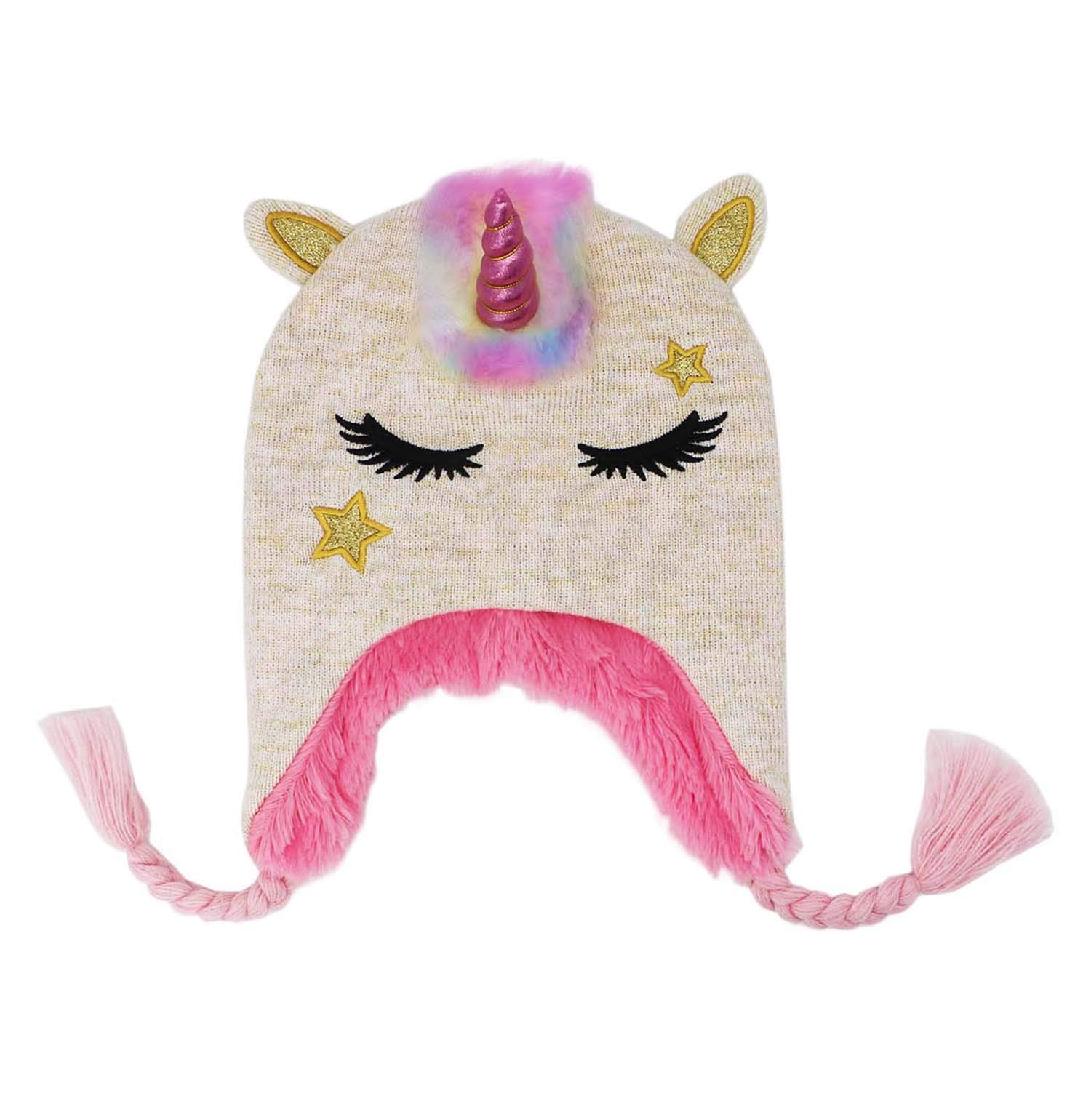 Kids Girls Cute Glitter Unicorn Beanie Winter Hat and Glove Set Knitted Earflap Cap Flip Top Mitten Set Beige