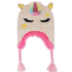 Kids Girls Cute Glitter Unicorn Beanie Winter Hat and Glove Set Knitted Earflap Cap Flip Top Mitten Set Beige