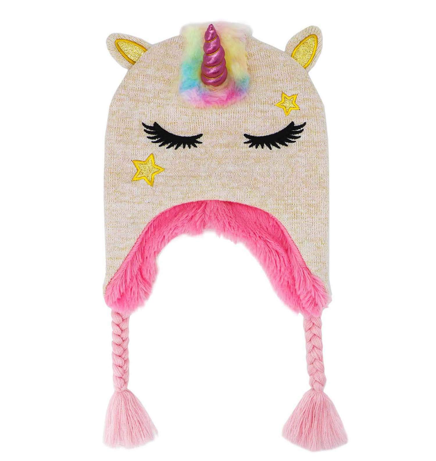 Kids Girls Cute Glitter Unicorn Beanie Winter Hat and Glove Set Knitted Earflap Cap Flip Top Mitten Set Beige