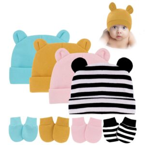 ikasus newborn baby bear ears hats and mittens sets preemie cotton caps baby boy girl infant hospital beanie 4 sets type 6