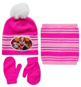 nickelodeon girls' jojo siwa or paw patrol winter hat, gloves or mittens, and gaiter set (2-7), size age 2-4, paw patrol, mittens