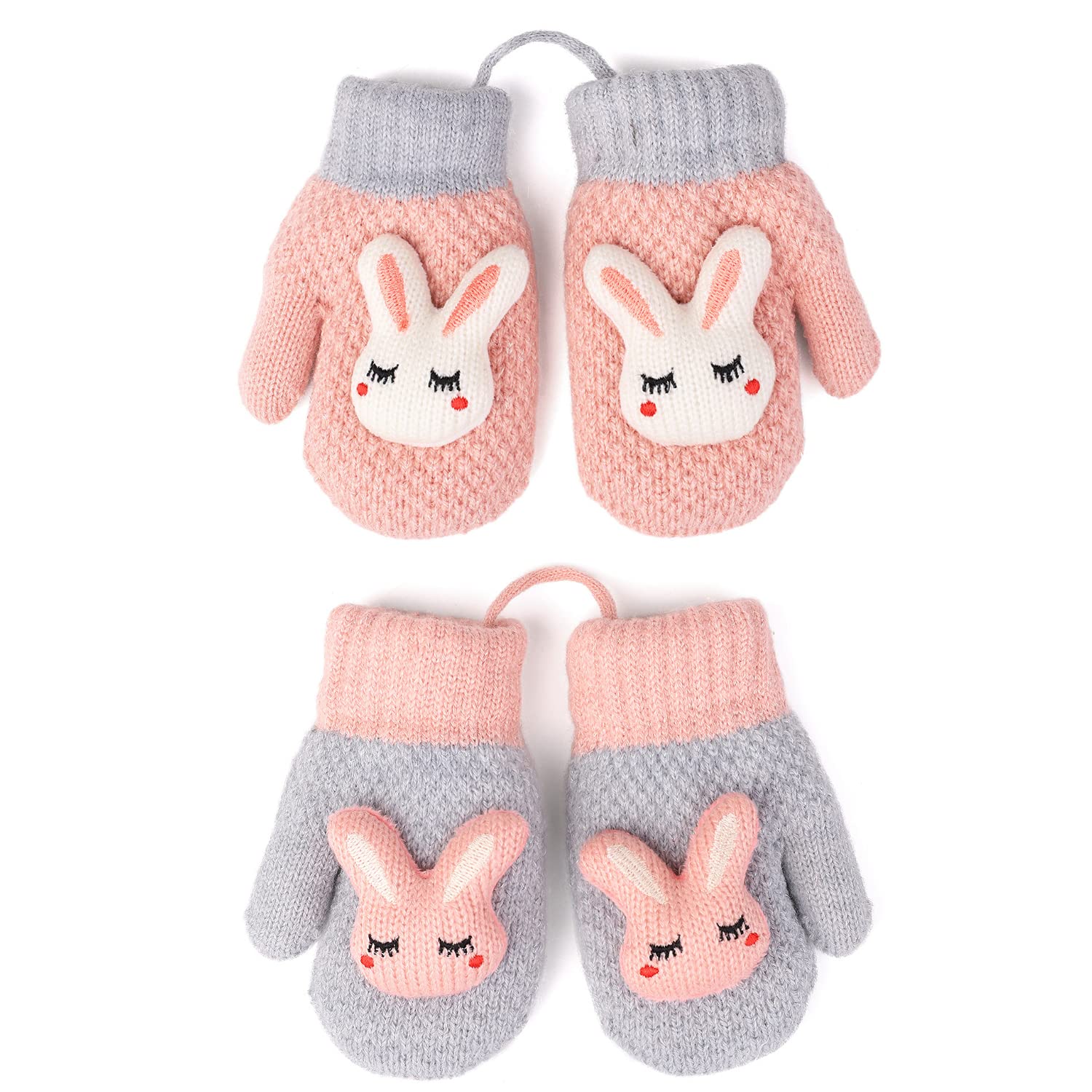 F Flammi 2 Pairs Toddler Mittens for Baby Boys Girls Winter Sherpa Lined Warm Knit Mittens Cartoon Bunny Kids Gloves (1-3 Years)