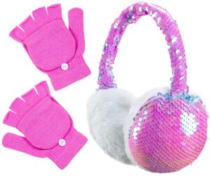 peak 2 peak girls pink earmuff and convertible fingerless gloves winter set [4014]