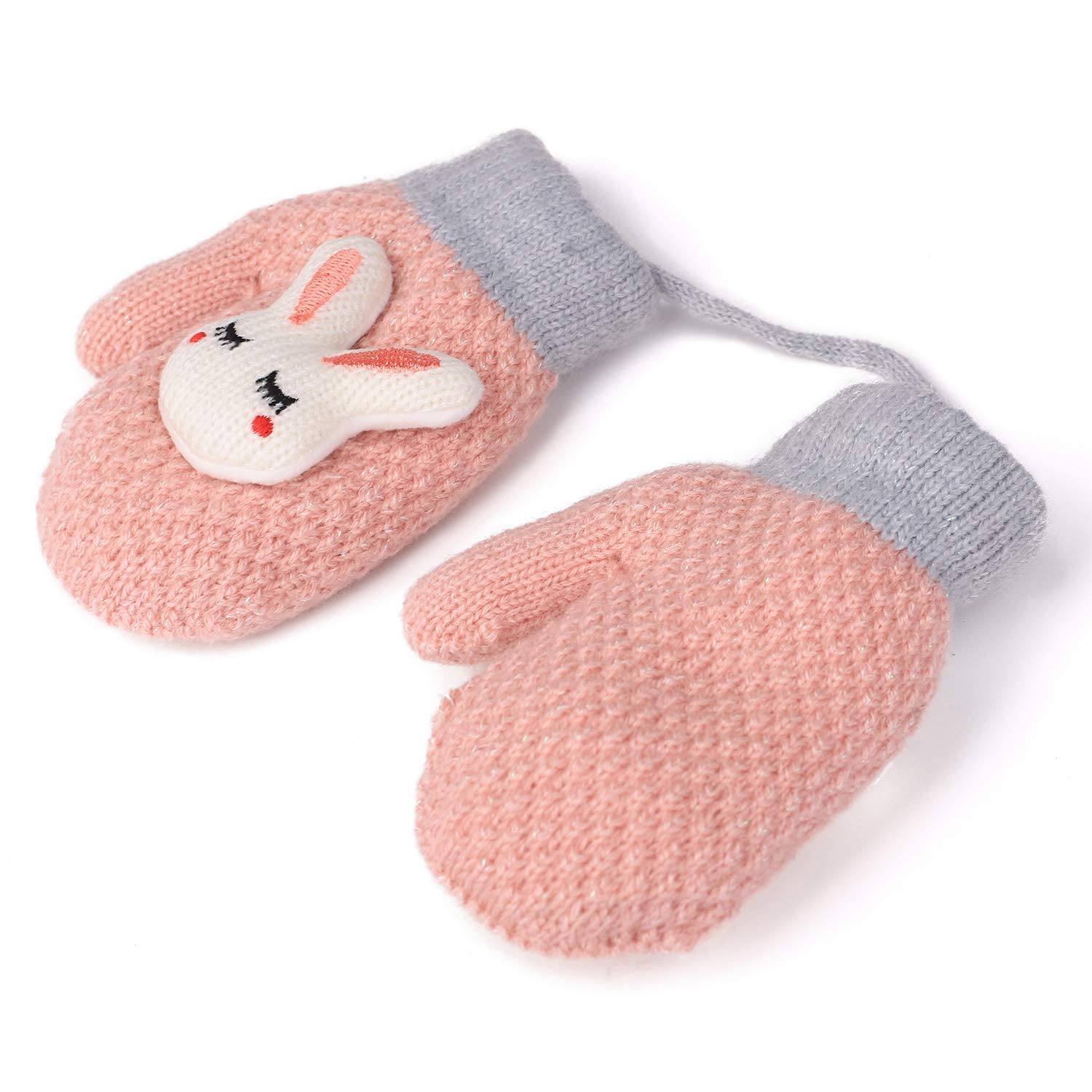 F Flammi 2 Pairs Toddler Mittens for Baby Boys Girls Winter Sherpa Lined Warm Knit Mittens Cartoon Bunny Kids Gloves (1-3 Years)