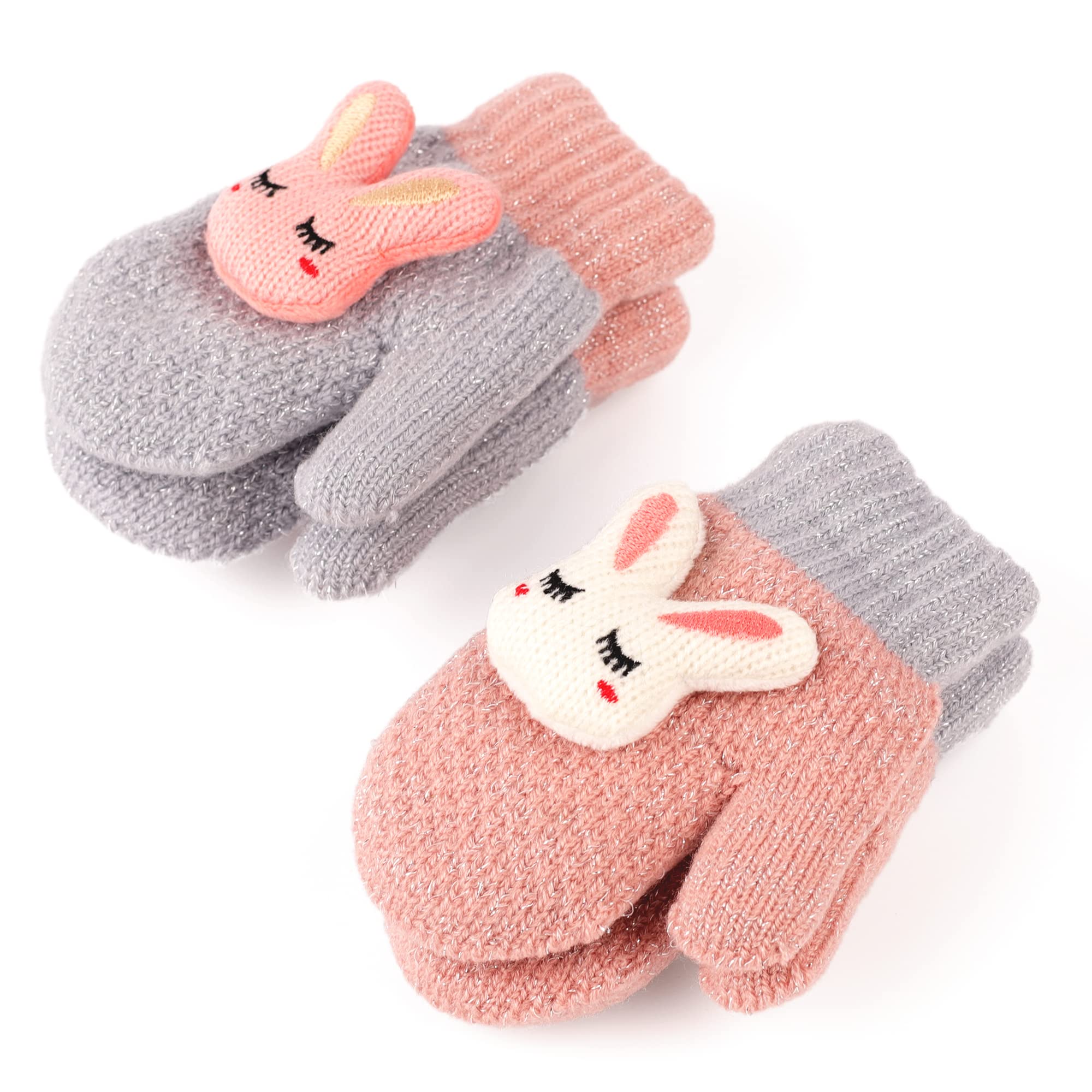 F Flammi 2 Pairs Toddler Mittens for Baby Boys Girls Winter Sherpa Lined Warm Knit Mittens Cartoon Bunny Kids Gloves (1-3 Years)