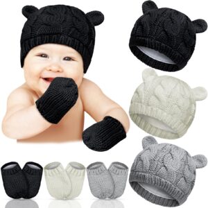 6 pieces baby hats and mitten set winter newborn unisex beanie hat knitted gloves warm cap infant toddler for boys girls 6 to 18 months (black, white, gray)