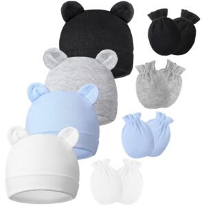 8 pieces newborn baby hats and mittens set, cute bear ears beanies infant beanie hats no scratch baby mittens unisex infant mitten gloves for 0-6 months baby boys girls