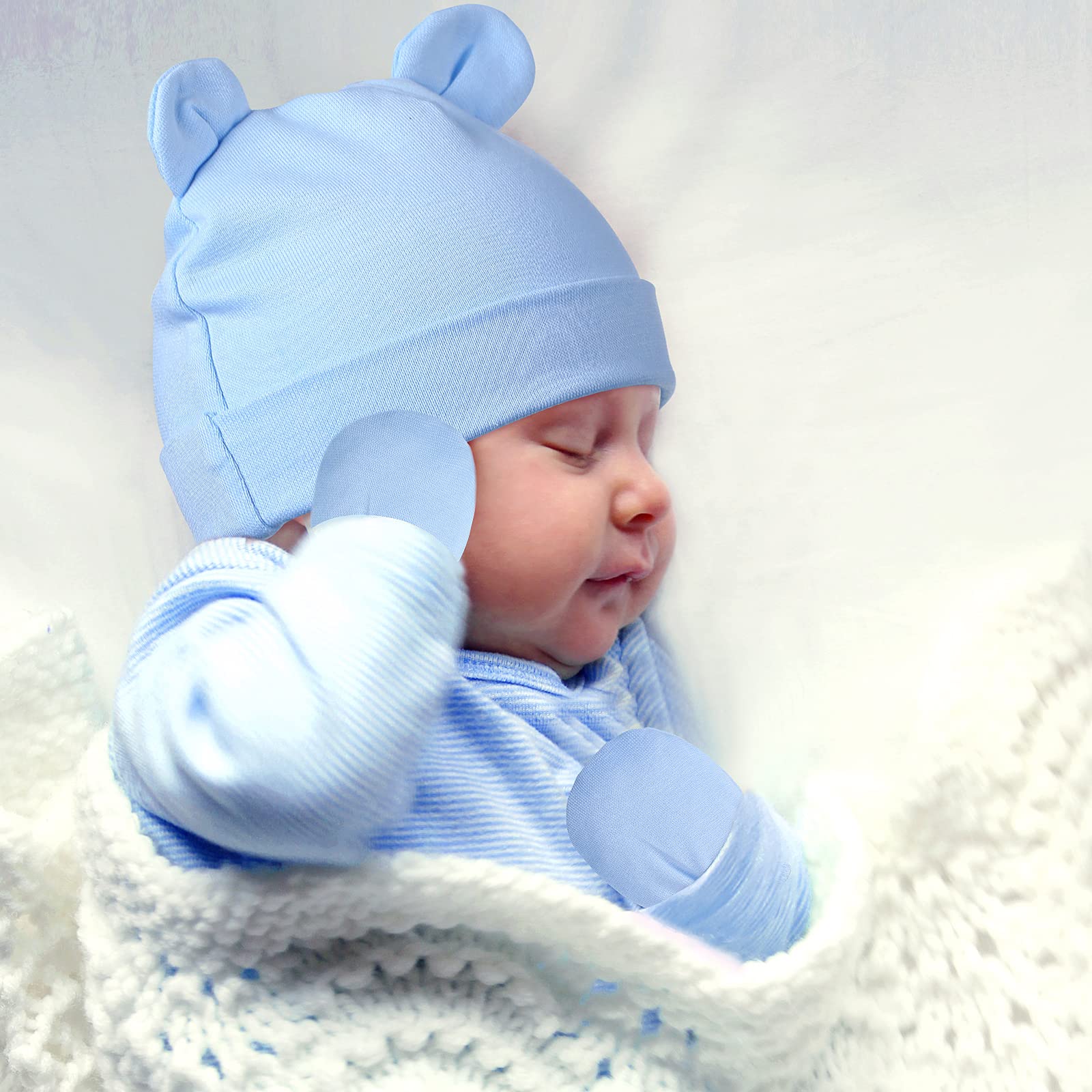 8 Pieces Newborn Baby Hats and Mittens Set, Cute Bear Ears Beanies Infant Beanie Hats No Scratch Baby Mittens Unisex Infant Mitten Gloves for 0-6 Months Baby Boys Girls