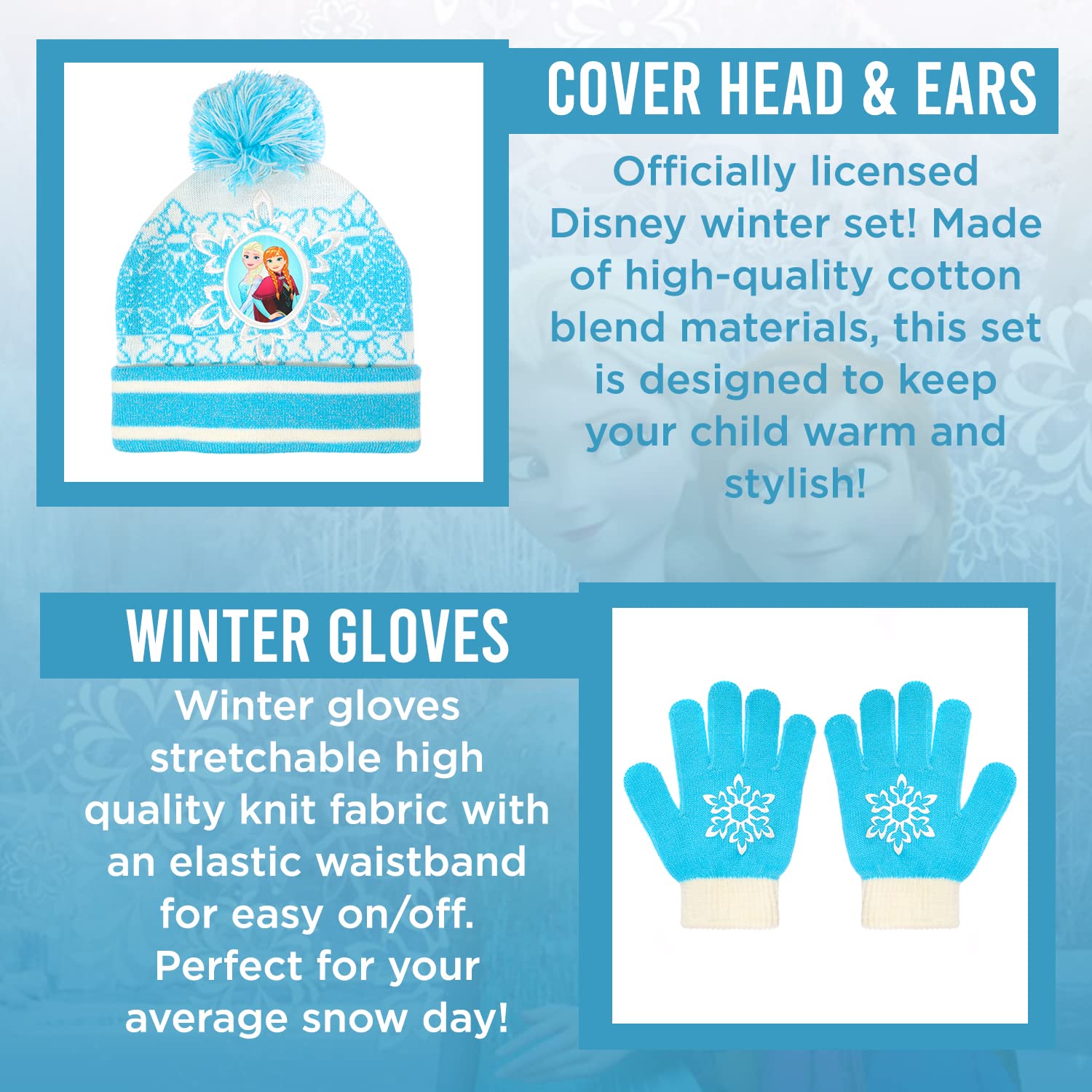 Disney Frozen Girls and Toddler Beanie Hat and Toddler Snow Gloves, Elsa and Anna Kids Toddler Winter Hat with Snow Gloves