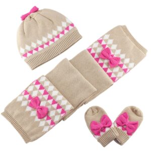 Ding Dong Baby Kid Girl Winter Knitted Bowknot Hat+Scarf+Gloves 3 Pieces Set(6-12M) Khaki