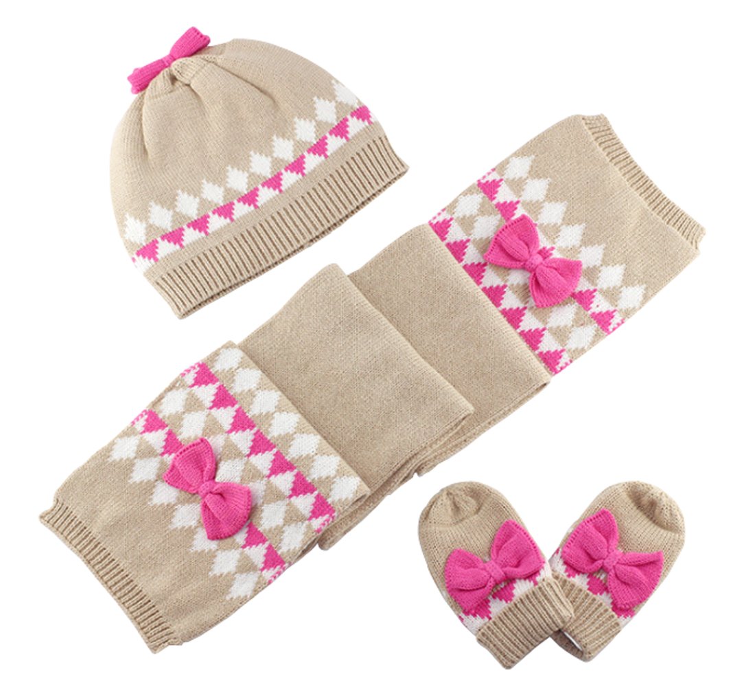 Ding Dong Baby Kid Girl Winter Knitted Bowknot Hat+Scarf+Gloves 3 Pieces Set(6-12M) Khaki