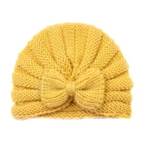 winter warm knitted baby hat for girls cotton lined infant toddler girls beanie hat autumn cute bow classic girls, yellow