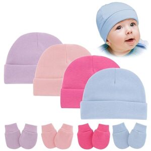 4 sets newborn baby caps mittens sleeping hat and gloves beanie infant hats with bow baby scratch mitten gloves for boys girls, type 4