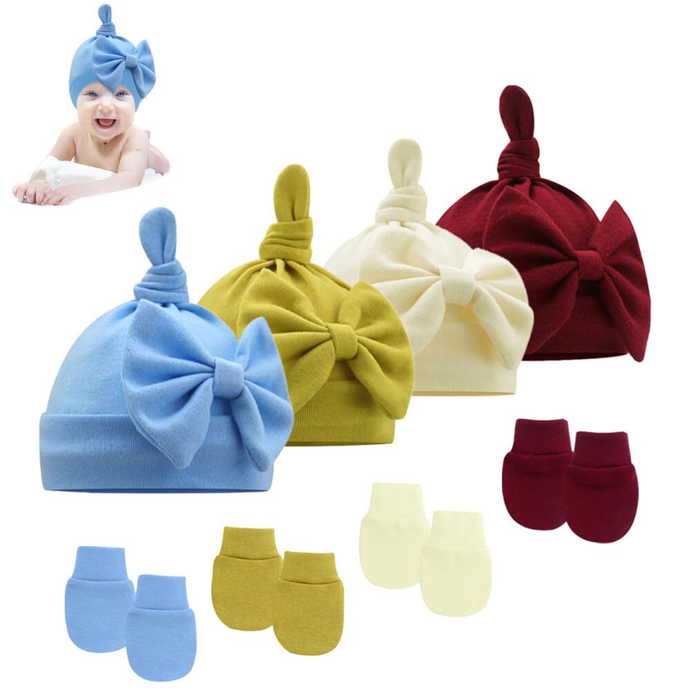 8PCS Newborn Baby Hats and Mittens Set Bow Beanies No Scratch Mittens Warm Elastic Infants Hats 0-6 Months