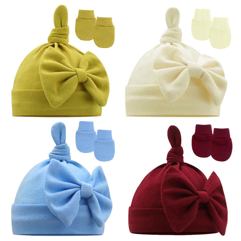 8PCS Newborn Baby Hats and Mittens Set Bow Beanies No Scratch Mittens Warm Elastic Infants Hats 0-6 Months